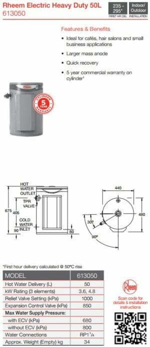 Rheem 613050G7 50Litre 3.6KW 3 Element - 1st Choice Hot Water