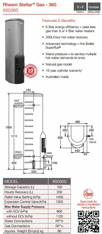 Rheem 850360no 160 Litre 5 Star Natural Gas 1st Choice Hot Water
